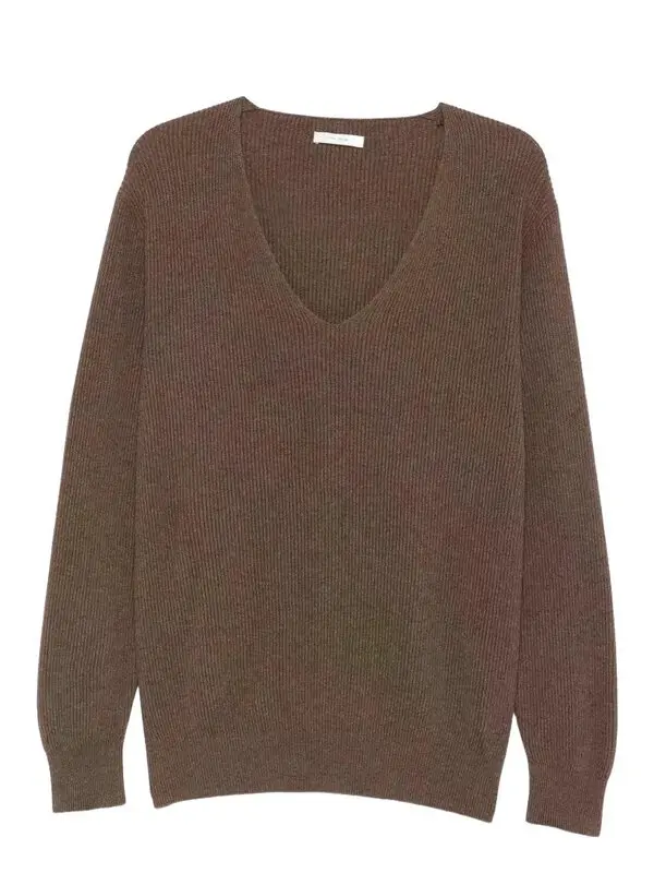 THE ROW V-neck Rib Knit Long Sleeve Pullover - Brown