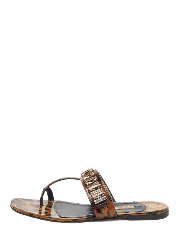 GINA Leopard-print Crystal-embellished Flat Sandals - Brown