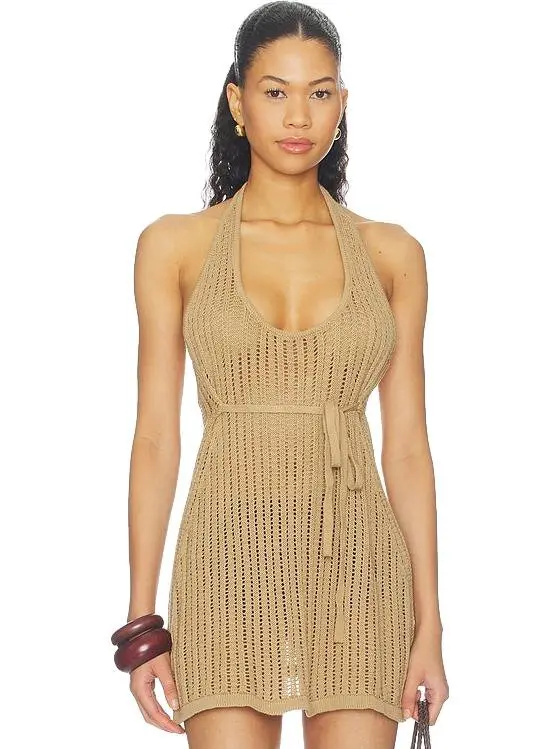 WeWoreWhat Crochet Halter Top With Waist Tie - Tan