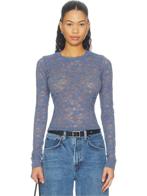 Michael Lauren Vero Long Sleeve Fitted Lace Top - Blue