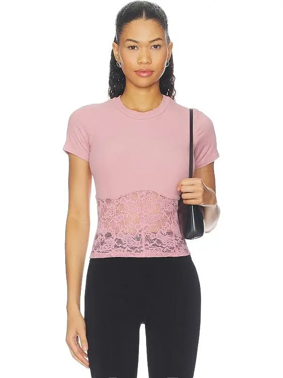 Michael Lauren Ember Rib Lace Short Sleeve Tee In . Also - Rose