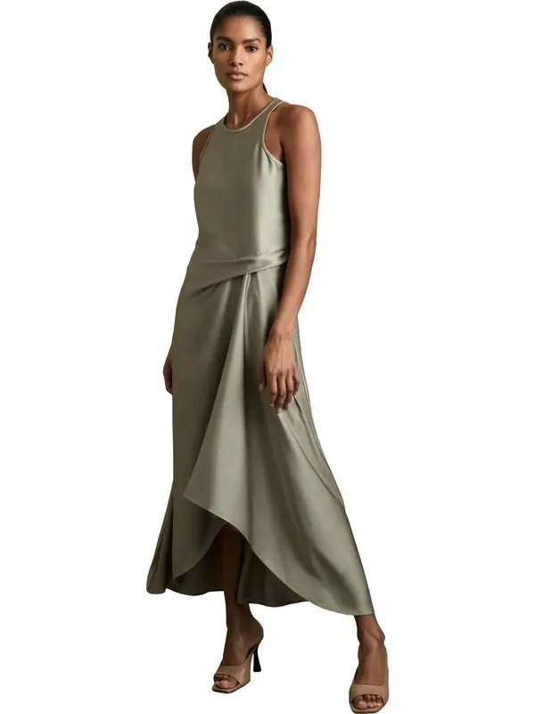 REISS Satin Drape Tuck Midi Dress - Khaki