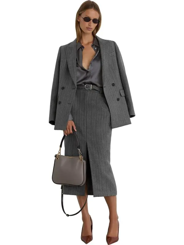 REISS Wool Pinstripe Belted Pencil Skirt - Grey