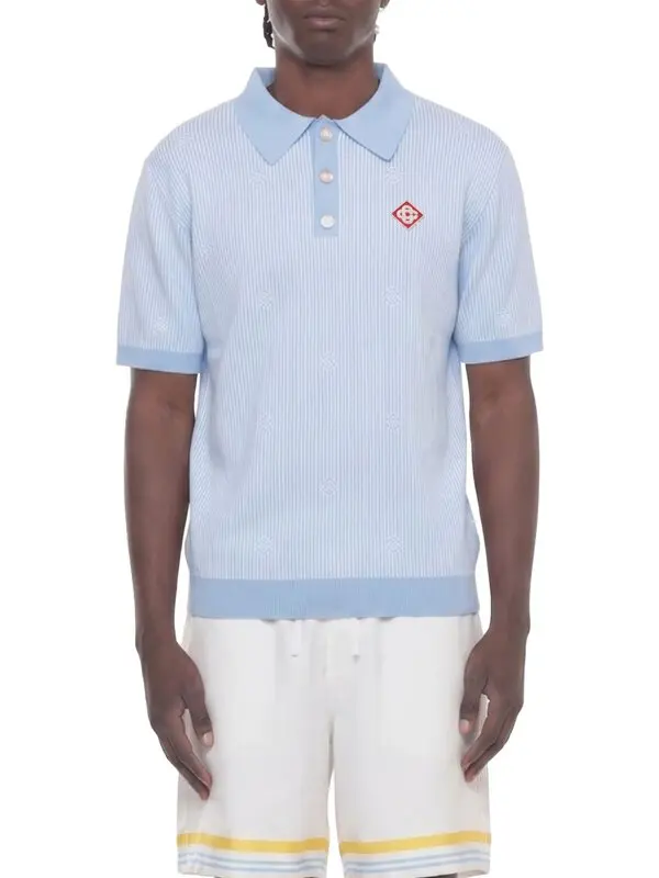 Casablanca Striped Cotton Knit Polo Shirt With Ribbed Collar And Cuffs - Blue