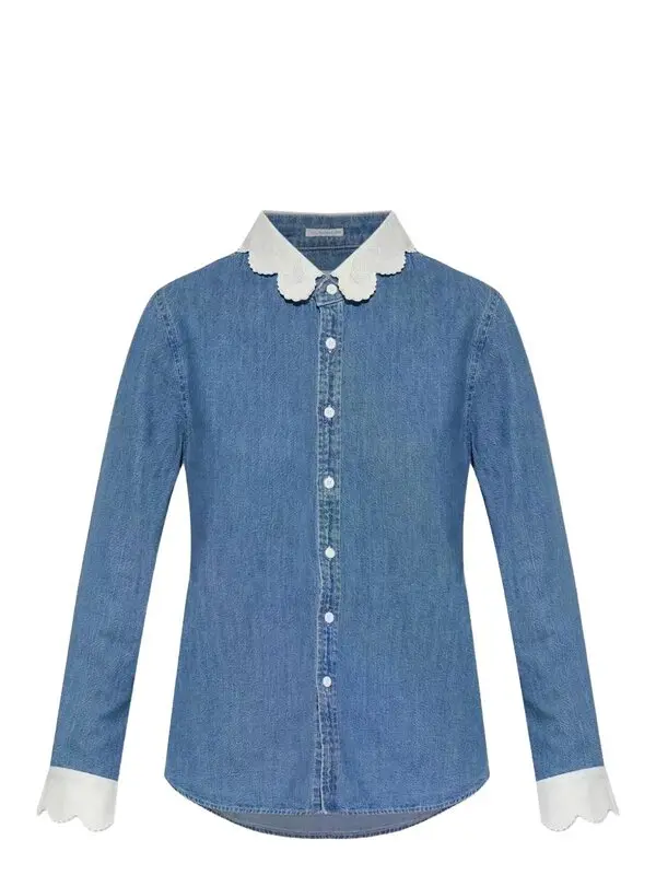 MOTHER Embroidered Scalloped Collar Denim Shirt - Blue