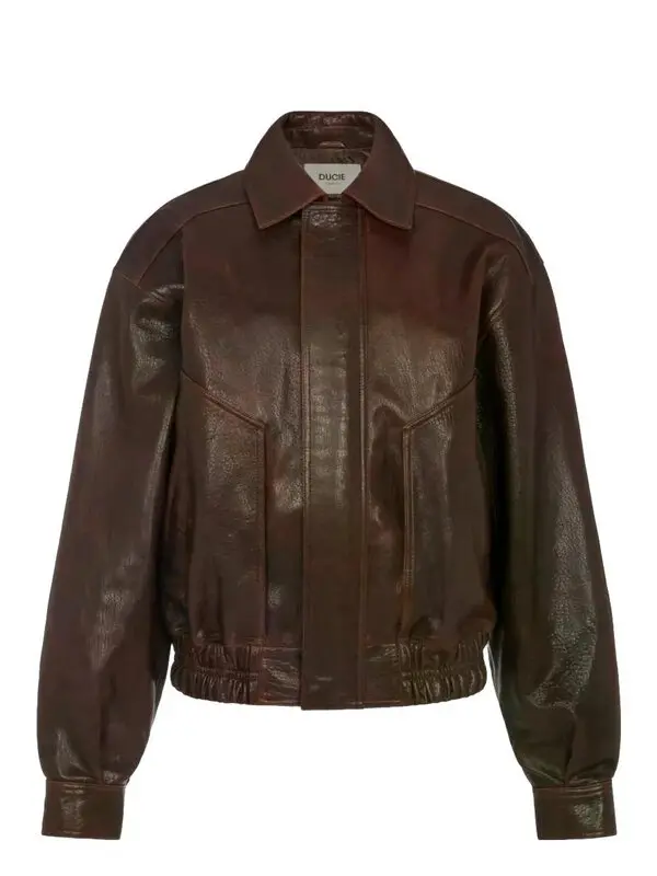 DUCIE Florence Calf Leather Bomber Jacket - Brown