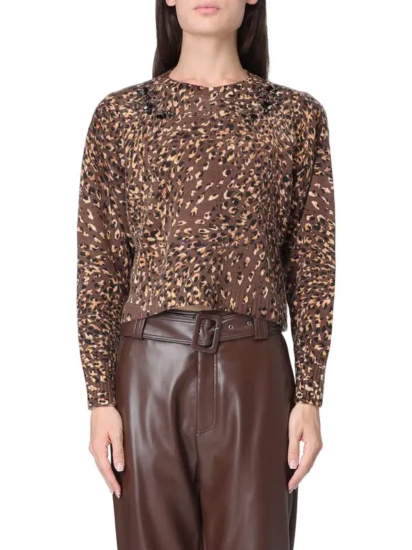 TWINSET Embellished Animal Print Wool Blend Sweater - Brown