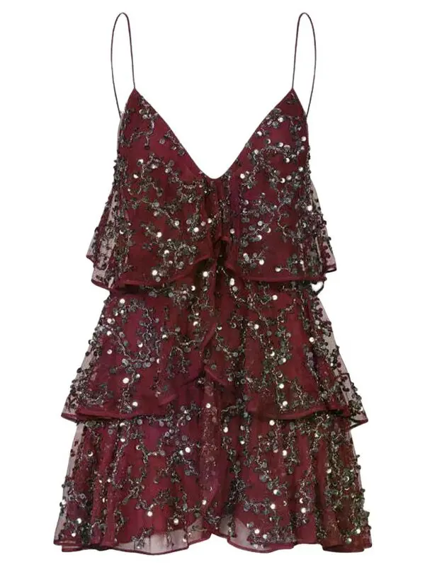 Johanna Ortiz Sequin-embellished Tiered Mini Dress - Red