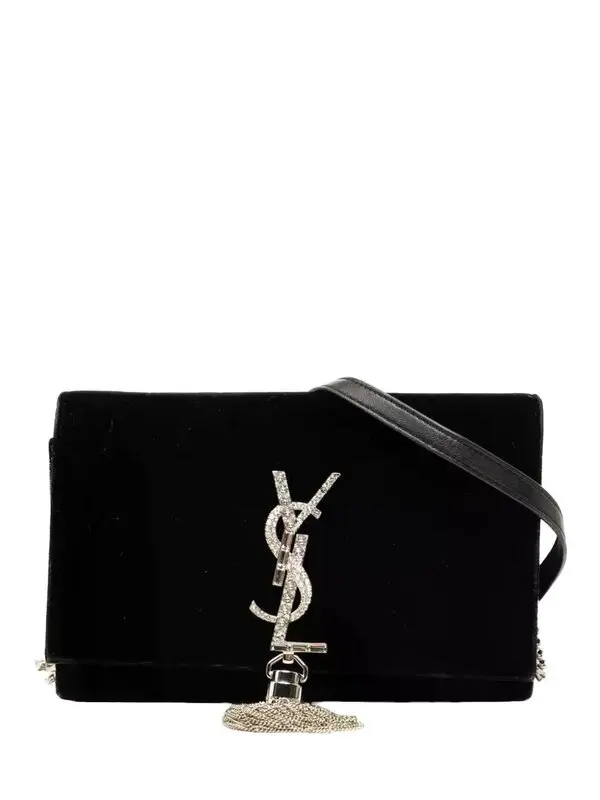 Saint Laurent 2017 Velvet Crystal Monogram Kate Tassel Wallet On Chain Cross Body Bag - Black