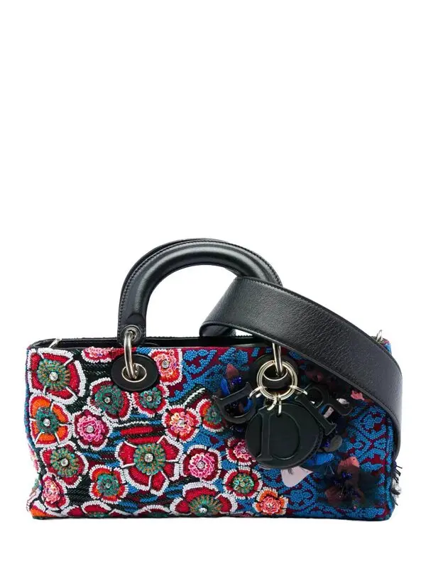 Dior 2016 Medium Beaded Ribbon Embroidered Floral Lady D Joy Satchel - Blue