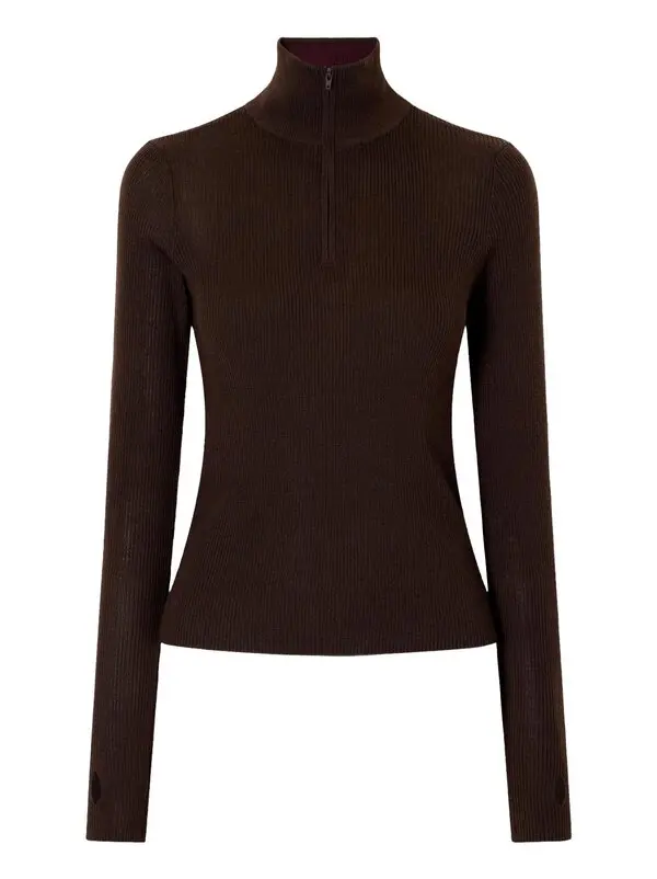 THE FRANKIE SHOP Sade Ribbed Wool And Silk-blend Half-zip Sweater - Brown