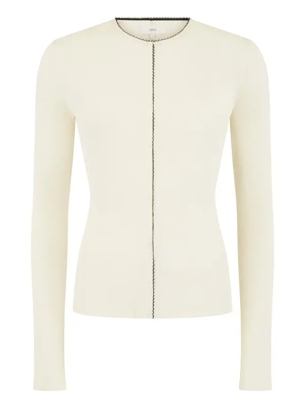 HARRIS TAPPER Long-sleeved Ribbed Cotton T-shirt With Picot Detailing - Ivory