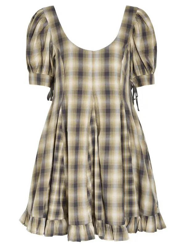 DAMSON MADDER Sabina Checked Cotton Mini Godet Dress - Brown