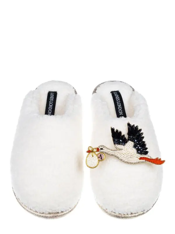 LAINES LONDON Teddy Towelling Slippers With Stork Brooch Embellishment - Gold/white