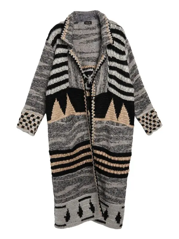 Saachi Black & Grey Crochet Woven Aztec Kimono - Black/grey