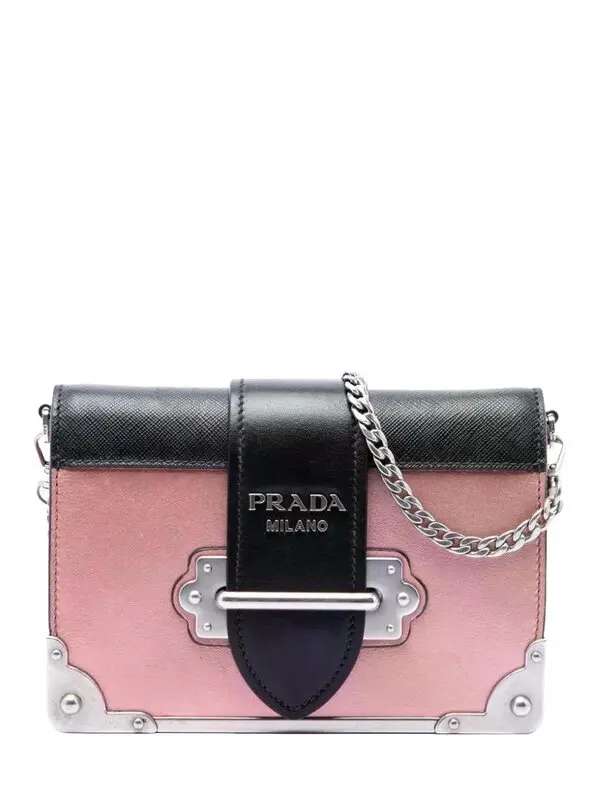 Prada Saffiano Trimmed Metallic City Calf Cahier Crossbody Bag - Black