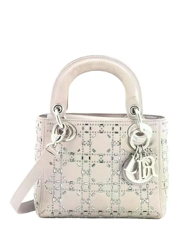 Dior Crystal Embellished Cannage Quilt Satin Mini Satchel - Grey