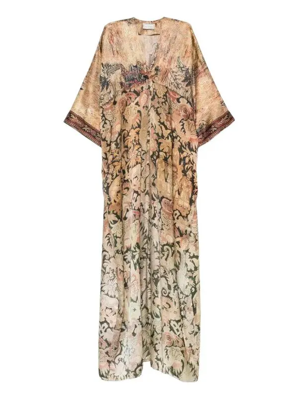 PIERRE-LOUIS MASCIA Graphic-print V-neck Maxi Dress - Brown