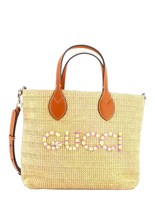 Gucci Logo Plaque Convertible Raffia Small Tote Bag - Neutrals