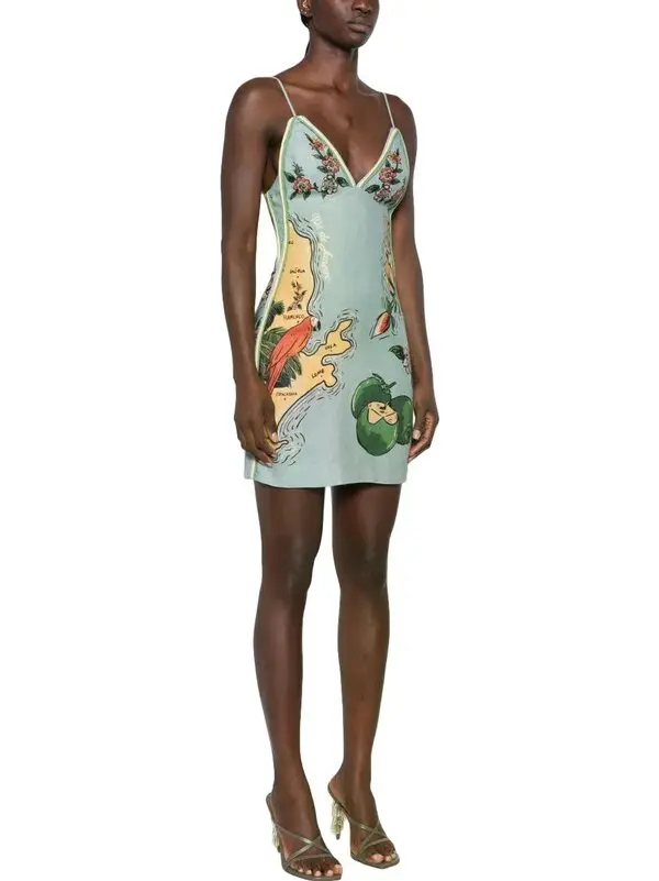 Farm Rio Embroidered Floral-print Linen Mini Dress - Blue