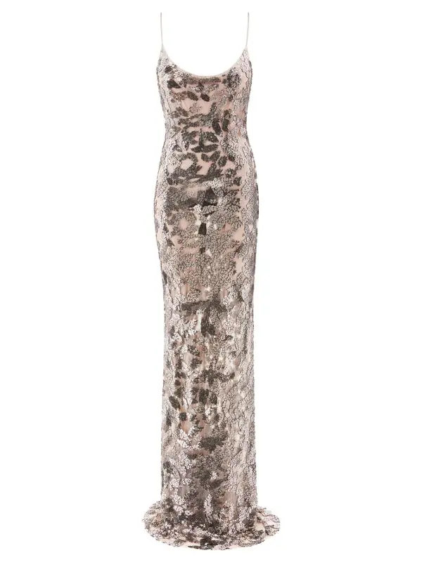 THE NEW ARRIVALS ILKYAZ OZEL Isis Beaded Tulle Maxi Dress - Silver