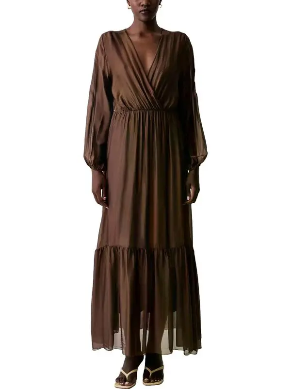 VICOLO Wrap Tiered Maxi Dress - Brown