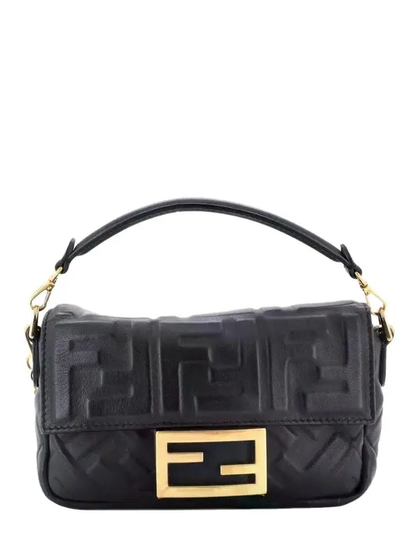 Fendi Baguette Nm Bag Zucca Embossed Leather Mini Crossbody Bag - Black