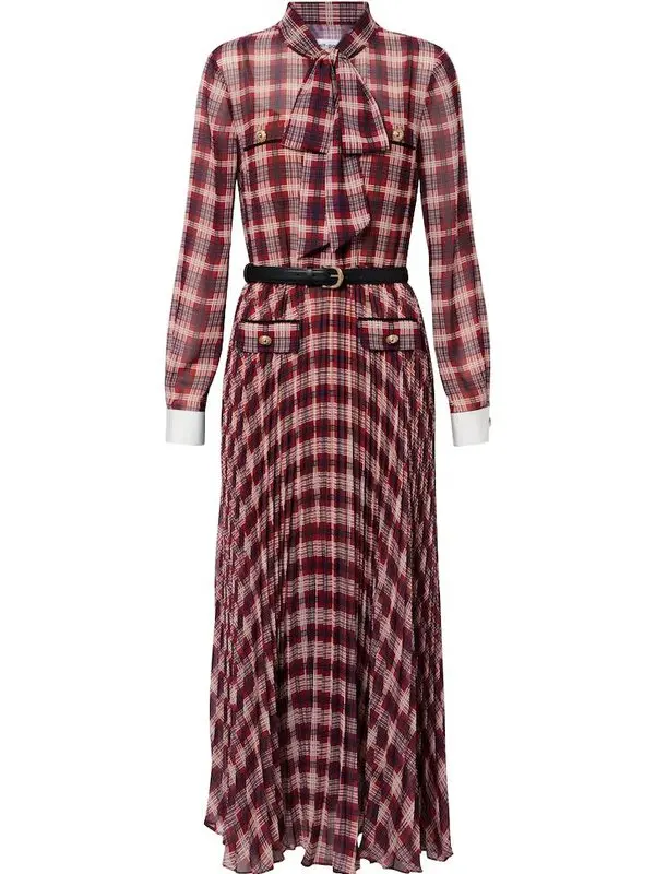 SELF-PORTRAIT Checked Chiffon Midi Dress - Red
