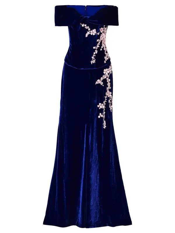 Costarellos Rielle Flower-appliqué Off-the-shoulder Velvet Gown - Blue