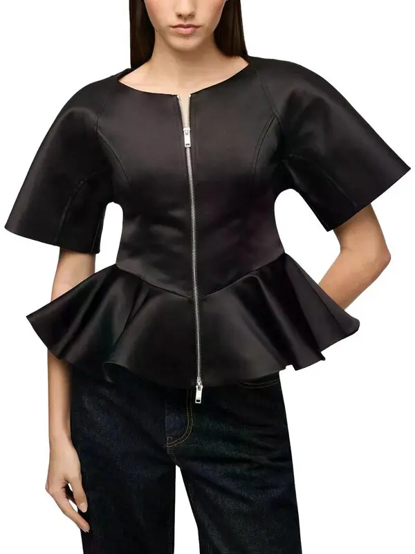 GANNI Satin Peplum Blouse - Black