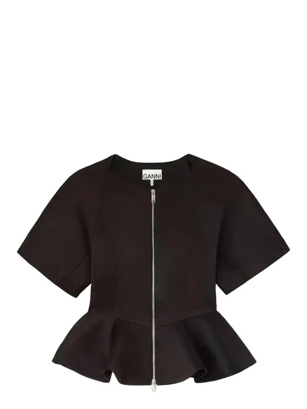GANNI Satin Peplum Blouse - Black