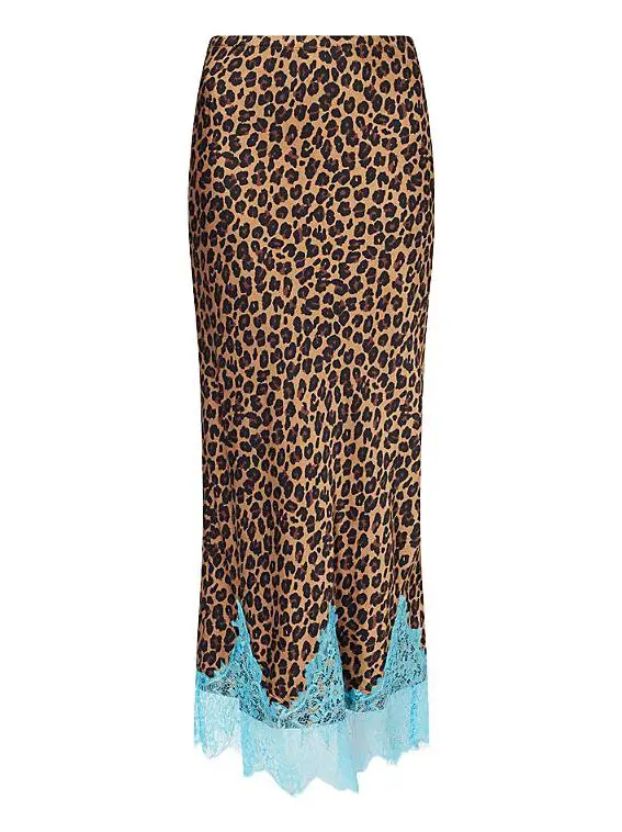 NEVER FULLY DRESSED Maeva Leopard-print Satin Midi Skirt - Brown