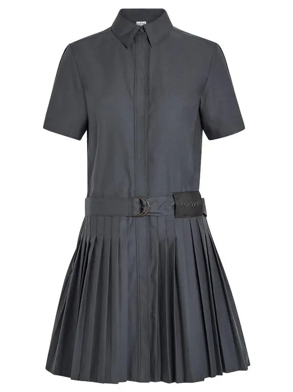 Loewe Pleated Belted Cotton-blend Mini Dress - Navy