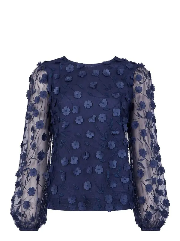 YUMI Navy Sheer Sleeve Applique Flower Top - Blue
