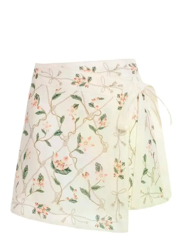 Agua Bendita Luna Floral-print Linen Wrap Mini Skirt - Neutrals