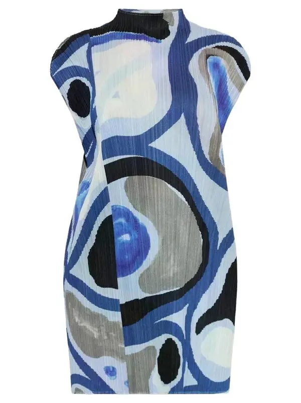 Issey Miyake Pleated Abstract-print Dress - Blue