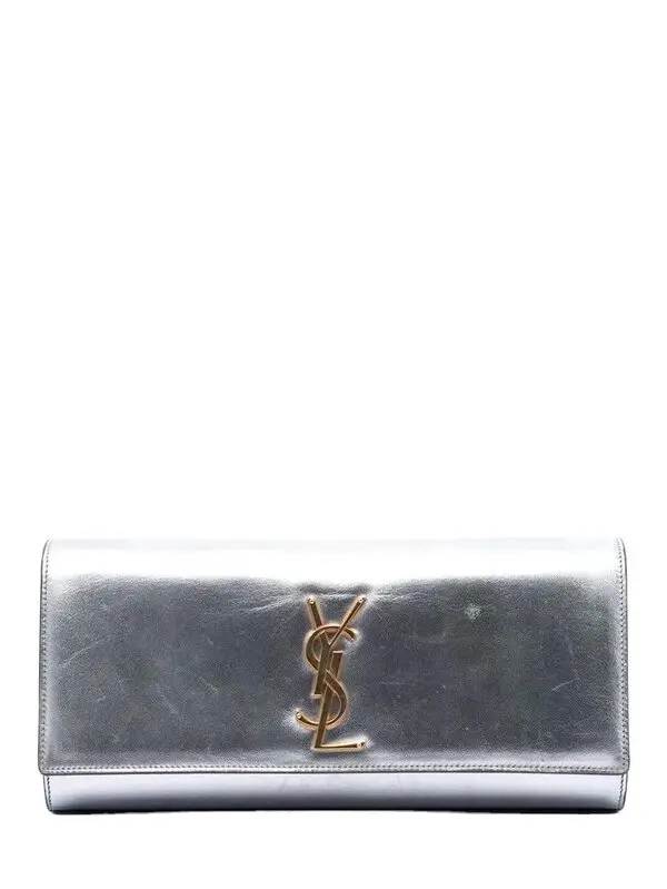 Saint Laurent Smooth Metallic Calfskin Monogram Cassandre Clutch Bag - Silver