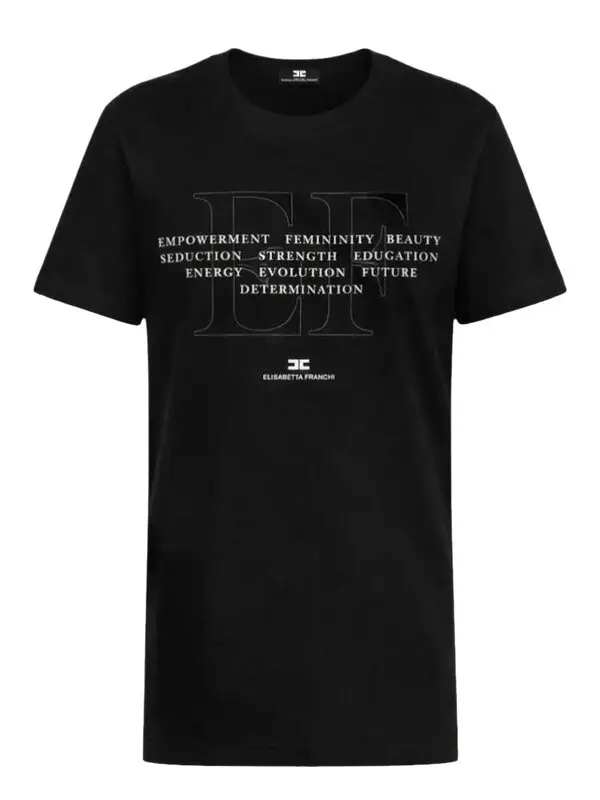 Elisabetta Franchi T-shirt In Jersey Con Ricamo E Stampa T-shirt A Maniche Corte In Jersey Di Cotone Con Girocollo E Vestibilità Regular. Il Design Si Distingue Per Il Logo Ricamato Tono Su Tono E Il Lettering Ispirazionale Stampato Sul Davanti, Per Uno Stile Contemporaneo E Versatile. Lunghezza 67 Cm . 100% Cotone - Black