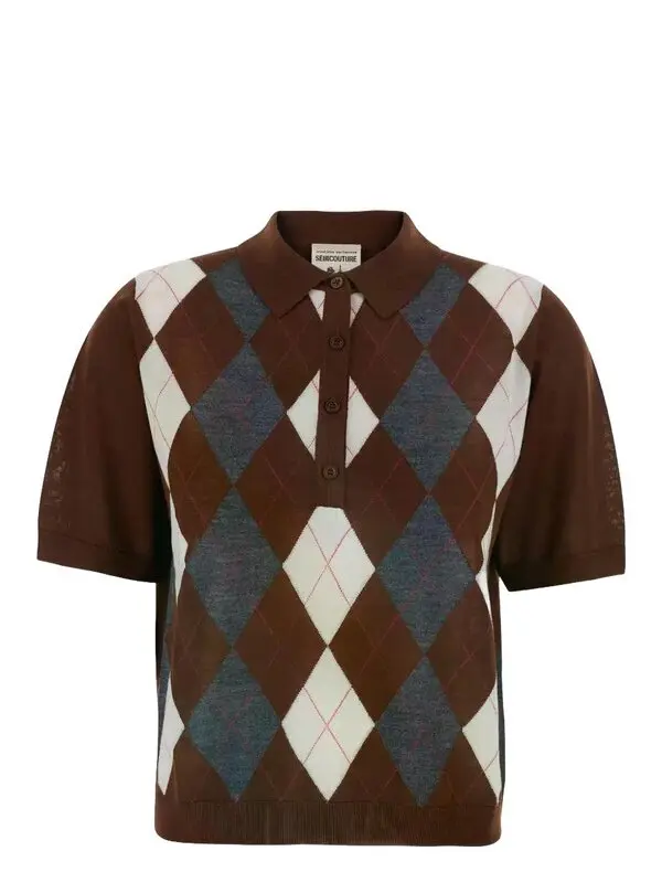 SEMICOUTURE Argyle Pattern Short-sleeve Polo Top - Brown