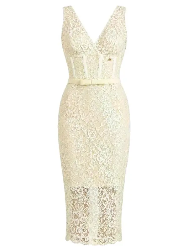 DIVEDIVINE Lace-overlay Belted Midi Dress - Yellow