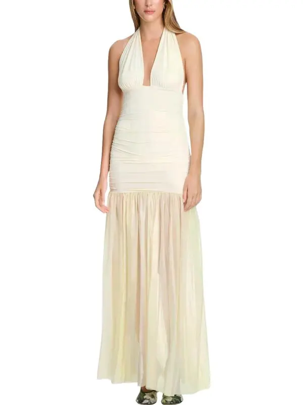AXEL 113 Stasi Ruched-body Sheer-skirt Fitted Maxi Dress - Neutrals
