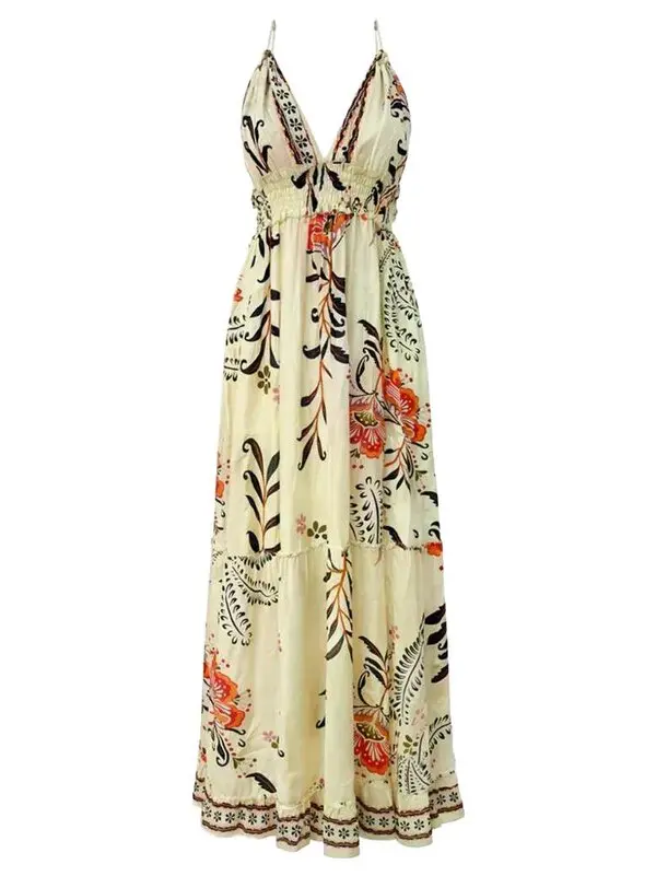 PAHIESA FORMENTERA Floral-print Tiered Maxi Dress - Neutrals