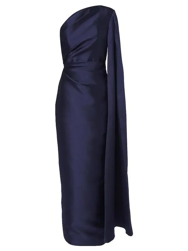 Solace London Veya Pleated One-shoulder Satin Gown - Blue