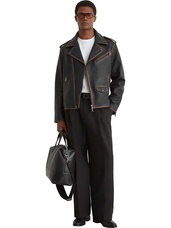 REISS Leather Burnished-detail Biker Jacket - Black