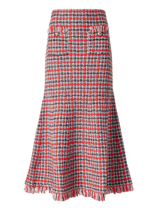 SELF-PORTRAIT Frayed Wool And Cotton-blend Tweed Midi Skirt - Red