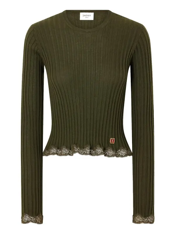 Saint Laurent Lace-trimmed Ribbed Wool, Cashmere And Silk-blend Knitwear - Green