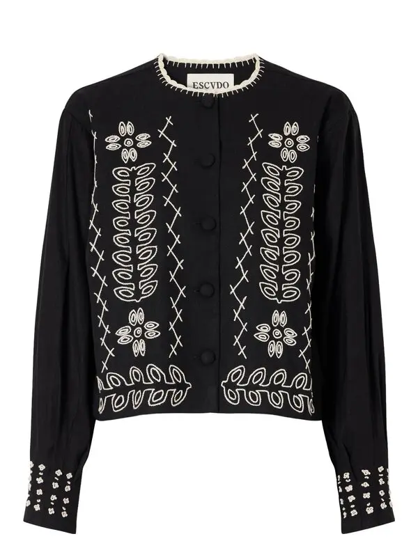 Escvdo Libertad Cropped Embroidered Cotton-twill Jacket - Black