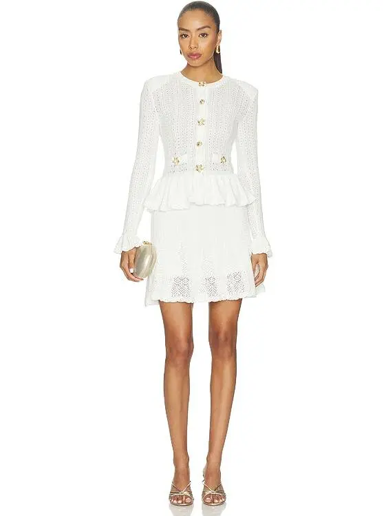 SELF-PORTRAIT Pointelle Peplum Knit Mini Dress - White
