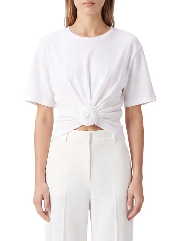 Magda Butrym Stretch-cotton T-shirt With Flower Appliqué And Tie-hem - White