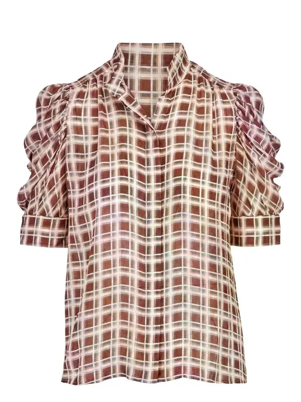 FRAME The Gillian Check-pattern Ruched-sleeve Blouse - Brown